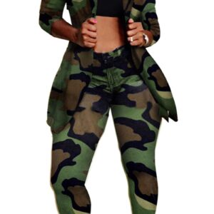 2 Piece Outfits for Women Camouflage Print Long Sleeve Blazer and Skinny Long Pants Set Clubwear