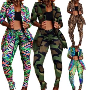 2 Piece Outfits for Women Camouflage Print Long Sleeve Blazer and Skinny Long Pants Set Clubwear