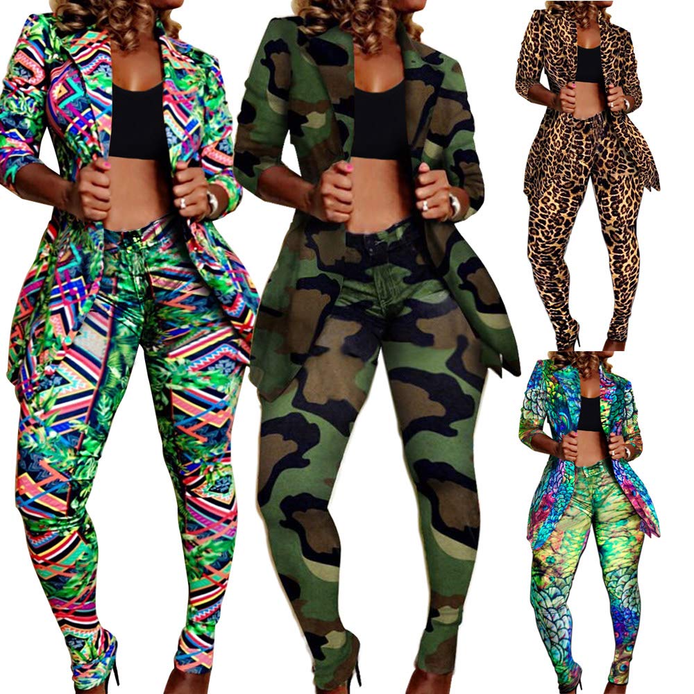 2 Piece Outfits for Women Camouflage Print Long Sleeve Blazer and Skinny Long Pants Set Clubwear