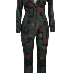 2 Piece Outfits for Women Camouflage Print Long Sleeve Blazer and Skinny Long Pants Set Clubwear