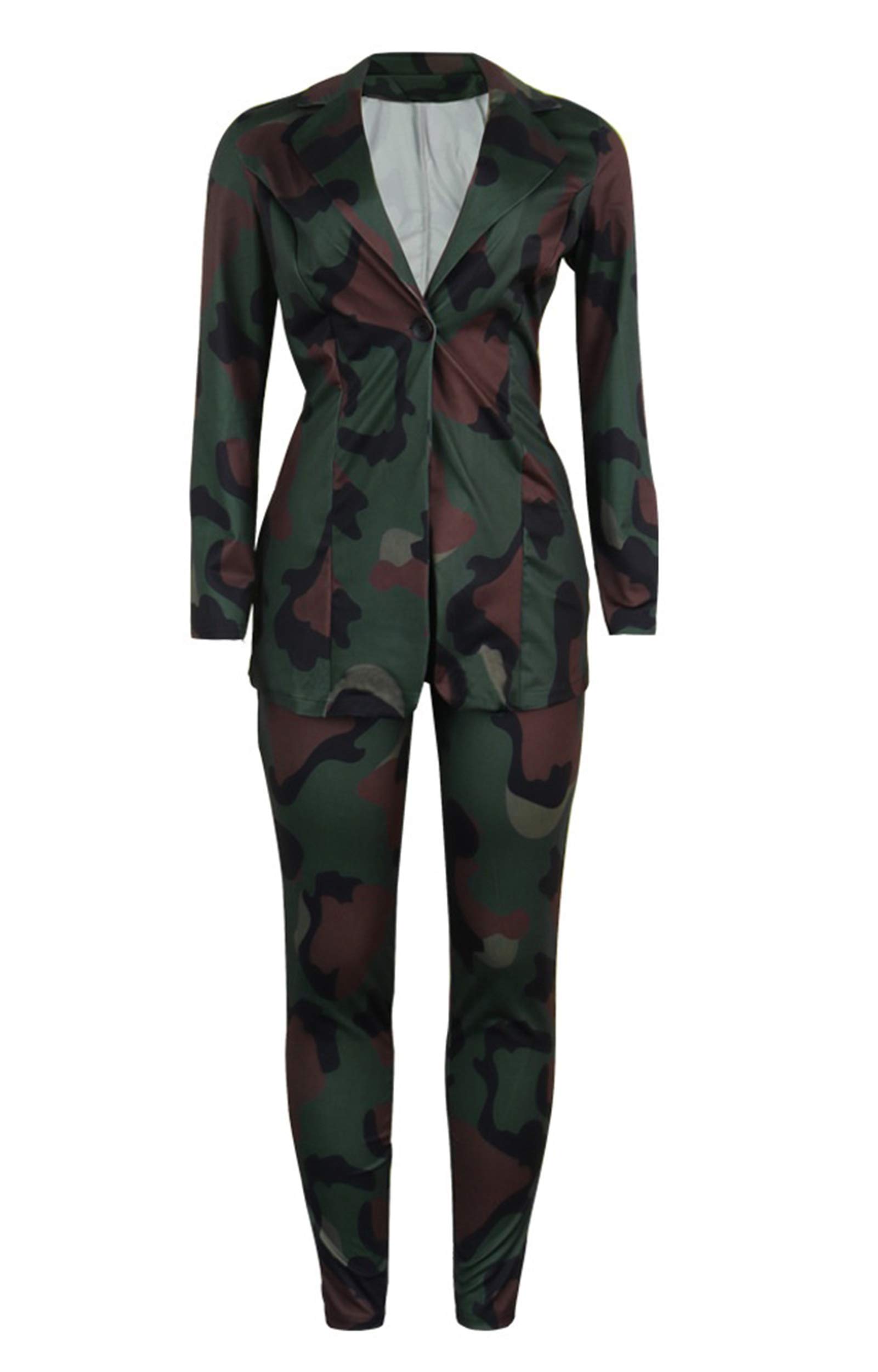 2 Piece Outfits for Women Camouflage Print Long Sleeve Blazer and Skinny Long Pants Set Clubwear