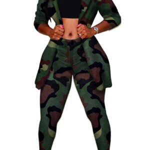 2 Piece Outfits for Women Camouflage Print Long Sleeve Blazer and Skinny Long Pants Set Clubwear