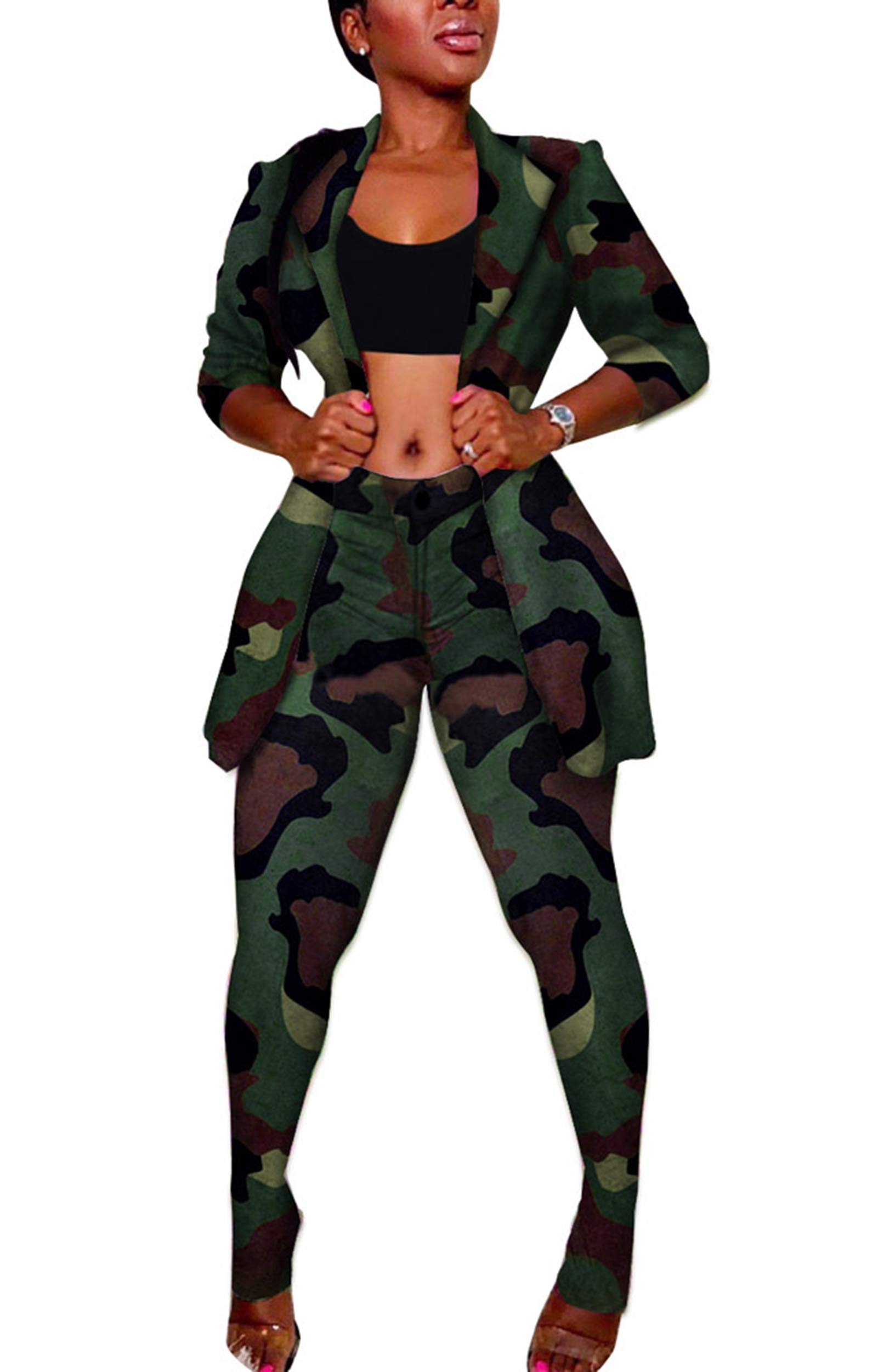 2 Piece Outfits for Women Camouflage Print Long Sleeve Blazer and Skinny Long Pants Set Clubwear