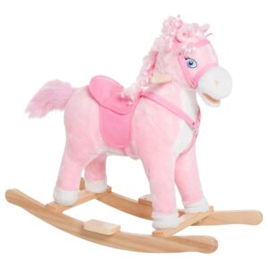 qaba kids ride on rocking horse toddler plush toy with realistic sounds and swinging tail for 3 years old children