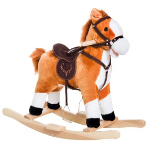 qaba kids plush toy rocking horse ride on with realistic sounds - brown