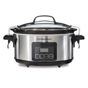 hamilton beach portable 6-quart stay or go programmable slow cooker with lid lock, stainless steel (33561)