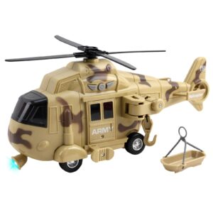 vokodo military helicopter 11" with lights sounds push and go includes rescue basket durable toy friction power kids army soldier chopper pretend play truck great gift for children boys girls toddlers