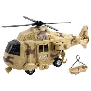 Vokodo Military Helicopter 11" With Lights Sounds Push And Go Includes Rescue Basket Durable Toy Friction Power Kids Army Soldier Chopper Pretend Play Truck Great Gift For Children Boys Girls Toddlers