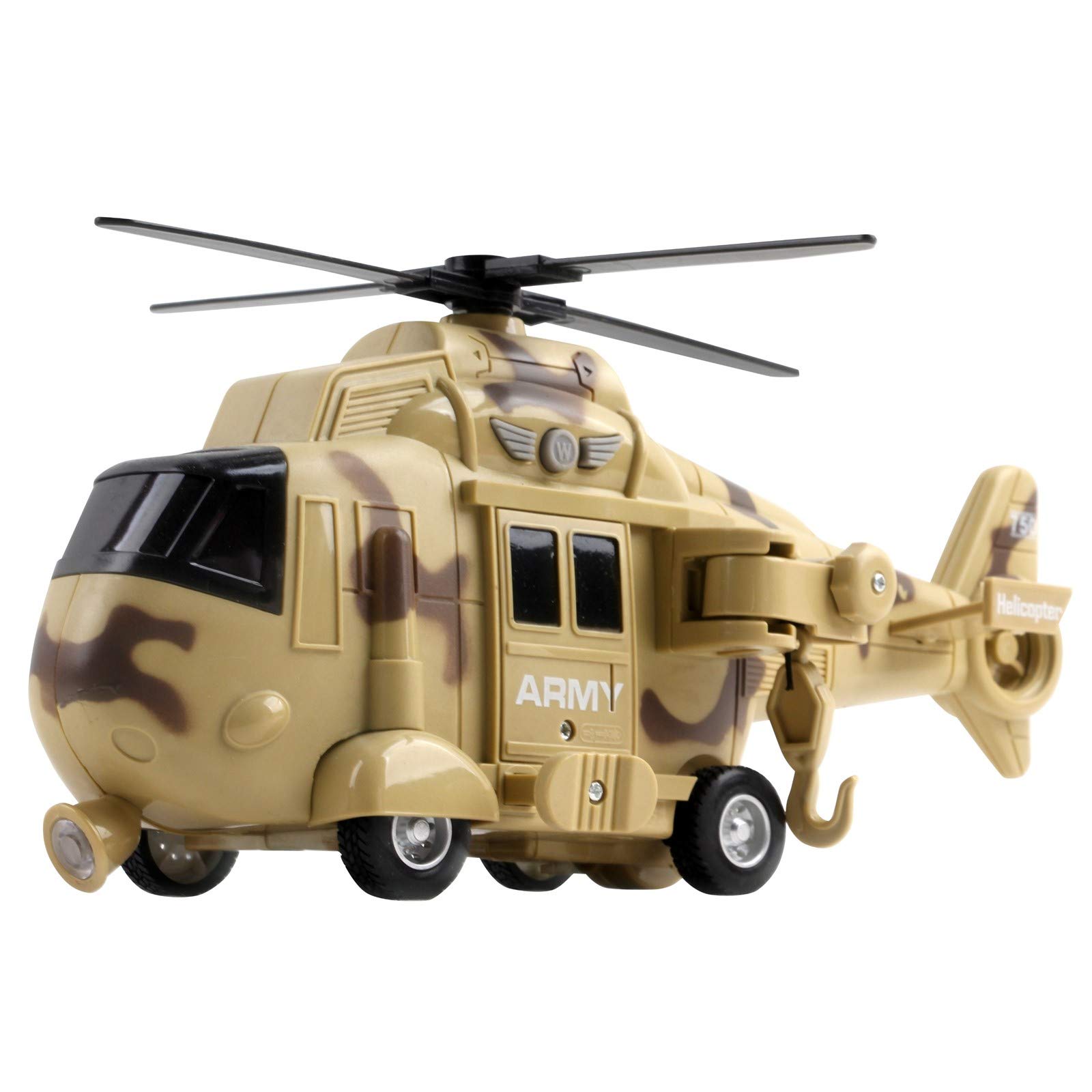 Vokodo Military Helicopter 11" With Lights Sounds Push And Go Includes Rescue Basket Durable Toy Friction Power Kids Army Soldier Chopper Pretend Play Truck Great Gift For Children Boys Girls Toddlers