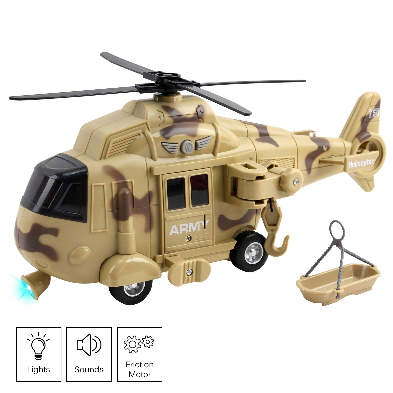 Vokodo Military Helicopter 11" With Lights Sounds Push And Go Includes Rescue Basket Durable Toy Friction Power Kids Army Soldier Chopper Pretend Play Truck Great Gift For Children Boys Girls Toddlers