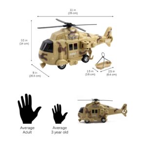 Vokodo Military Helicopter 11" With Lights Sounds Push And Go Includes Rescue Basket Durable Toy Friction Power Kids Army Soldier Chopper Pretend Play Truck Great Gift For Children Boys Girls Toddlers