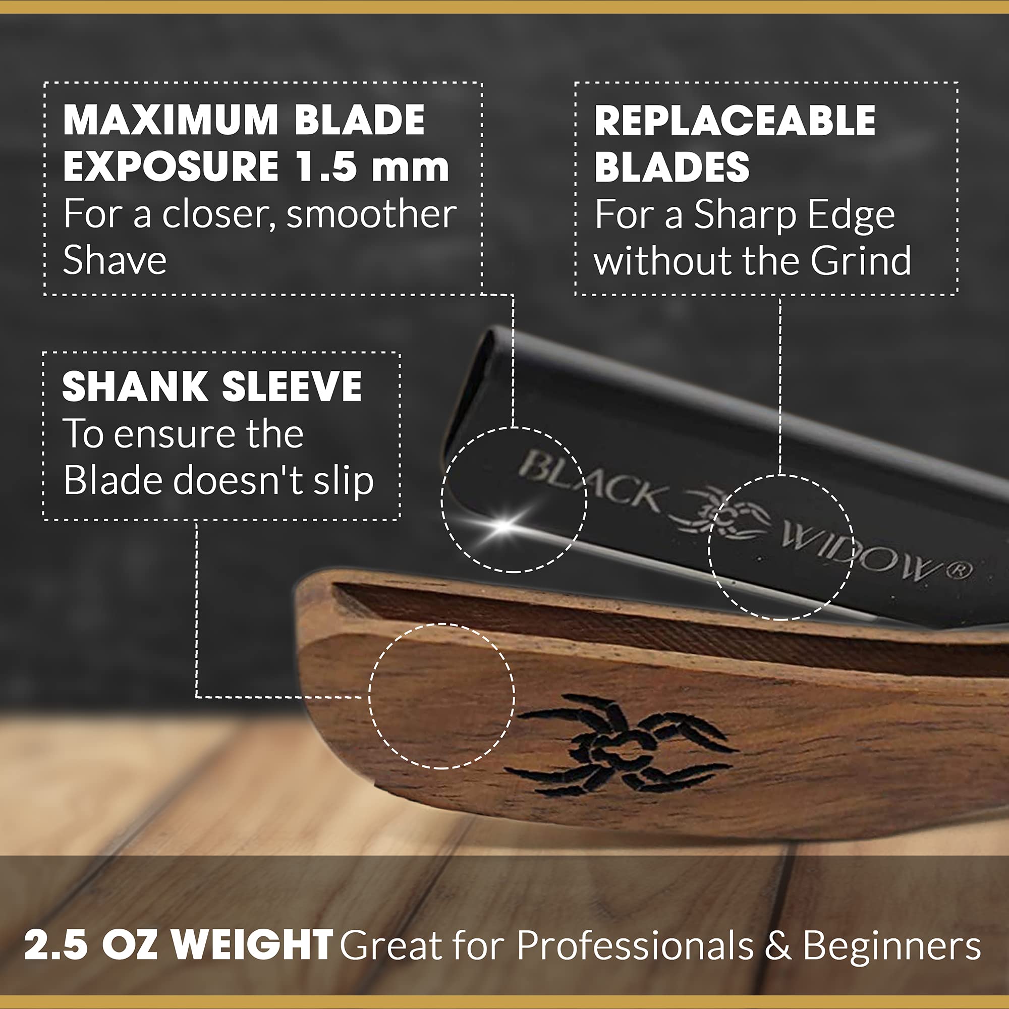 Barber Straight Razor, Professional Barber Straight Edge Razor - Barber Razor Compatible with Straight Razor Blade for Barber by Black Widow (1.5mm) (Wood)