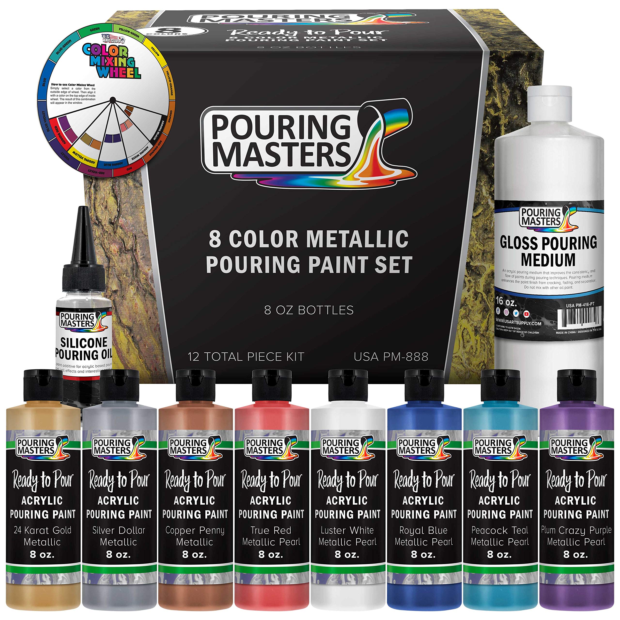 U.S. Art Supply Pouring Masters 8-Color Metallic Ready to Pour Acrylic Metallic Pouring Paint Set - Premium Pre-Mixed High Flow 8-Ounce Bottles - for Canvas, Wood, Paper, Crafts, Tile, Rocks and More