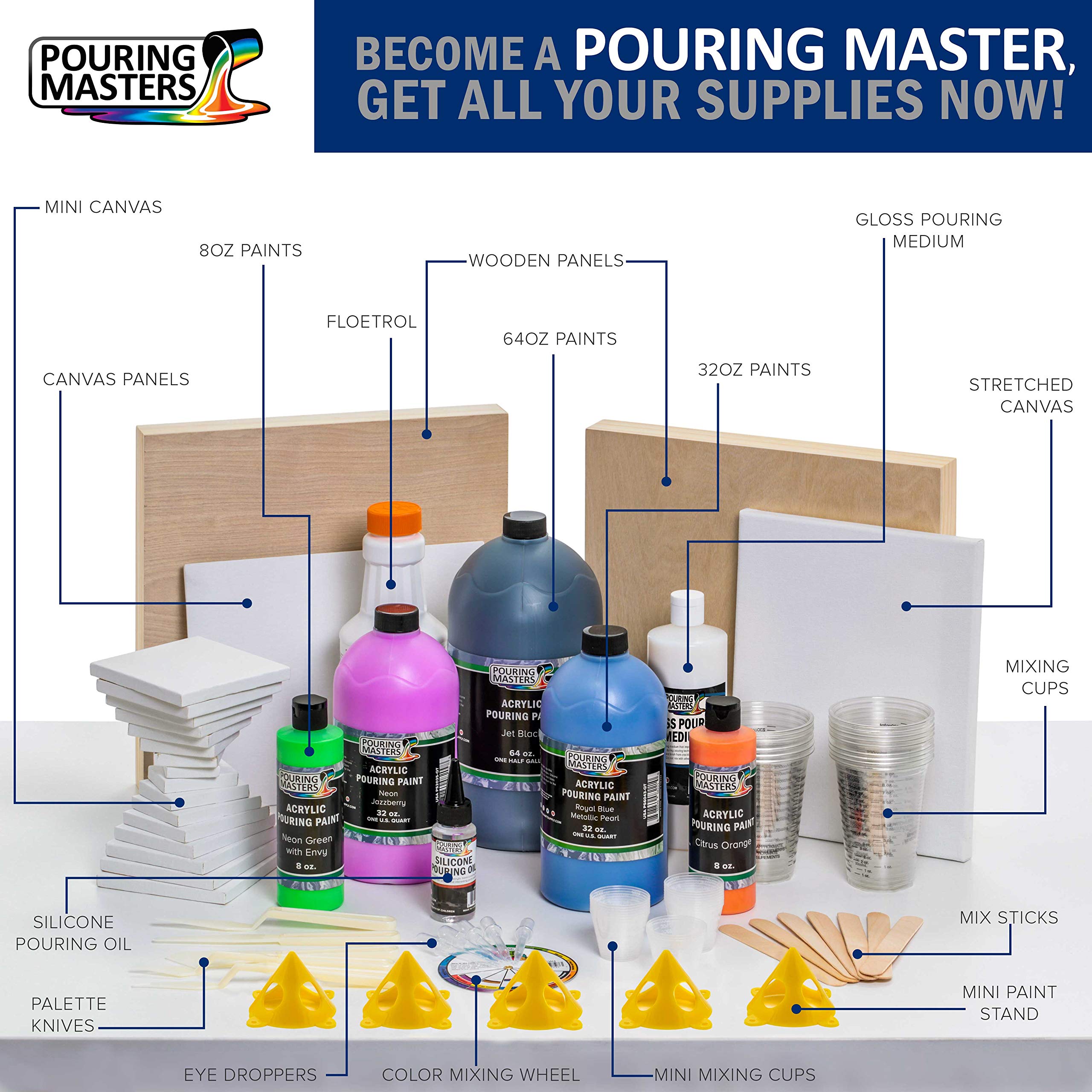 U.S. Art Supply Pouring Masters 8-Color Metallic Ready to Pour Acrylic Metallic Pouring Paint Set - Premium Pre-Mixed High Flow 8-Ounce Bottles - for Canvas, Wood, Paper, Crafts, Tile, Rocks and More