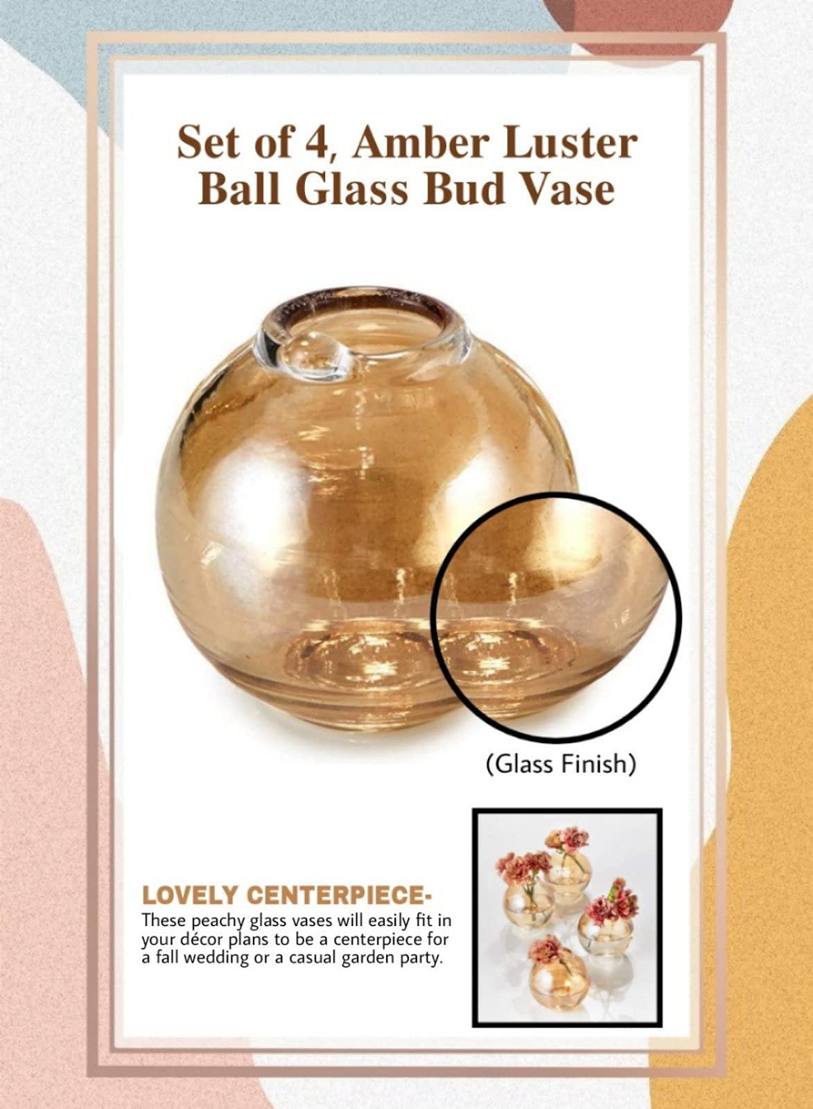 Serene Spaces Living Set of 48 Amber Luster Ball Glass Bud Vase, Short Vases for Centerpieces for Home Decor, Events, Weddings, Measures 3" Tall & 2.75" Diameter