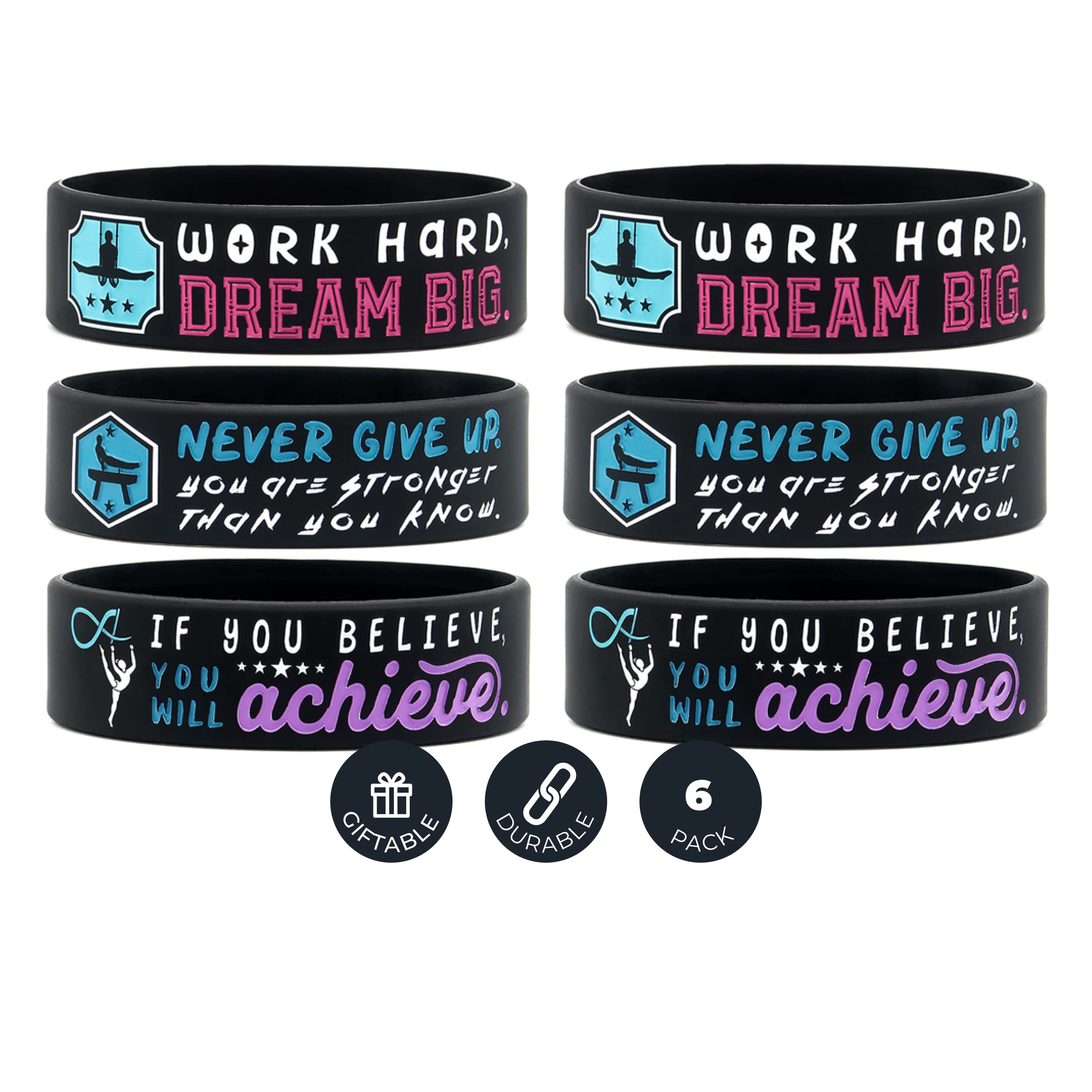 (6-pack) Motivational Gymnastics Wristbands with Inspirational Quotes - Gymnastics Gifts Jewelry Accessories for Gymnasts Team Awards Party Favors - Unisex For Men And Women