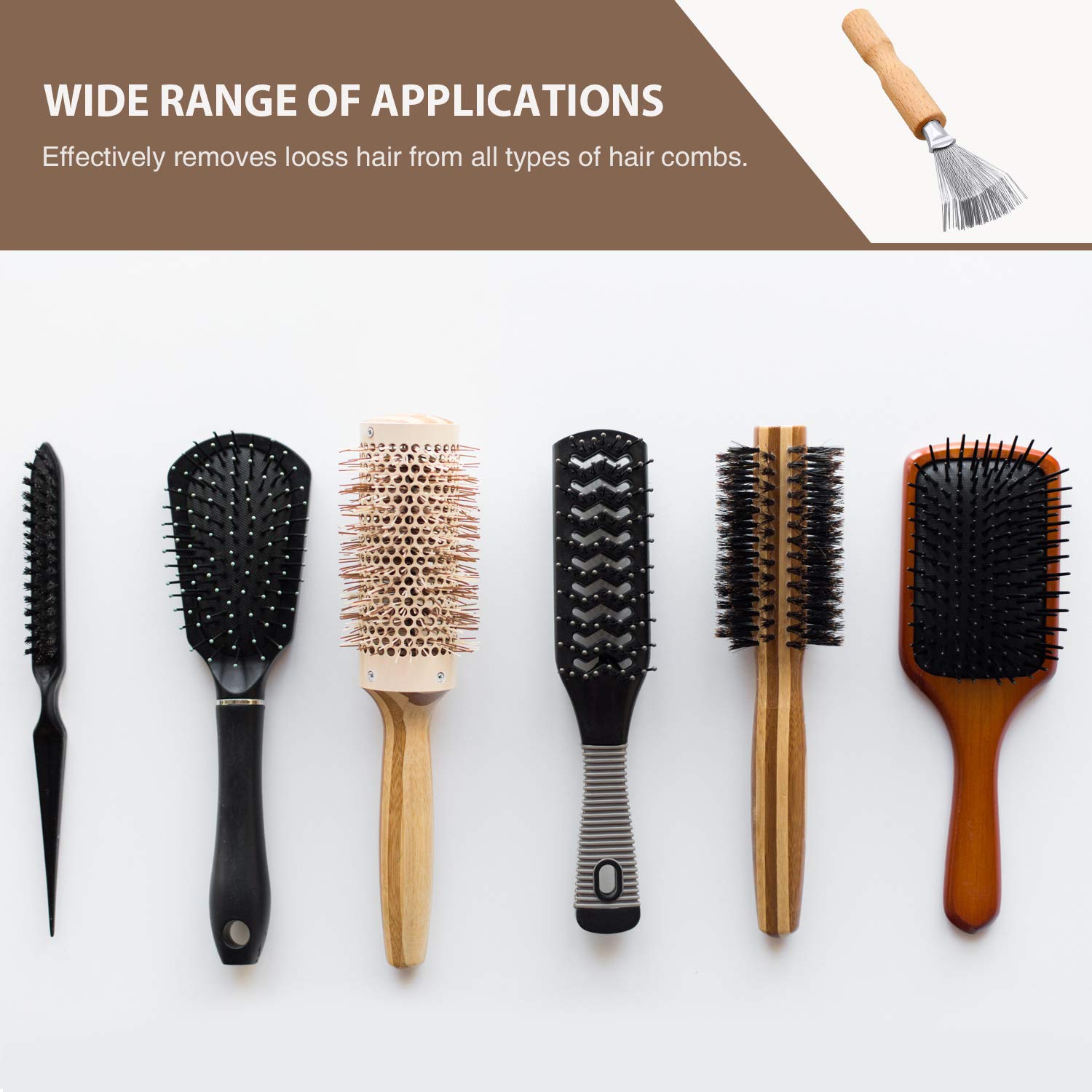 2 Pieces Hair Brush Cleaner Tool Cleaning Tool Comb Cleaner Hair Brush Cleaner Comb Brushes Mini Hair Dirt Remover Brush with Metal Wire Rake Wooden Handle for Home and Salon Use(Handle with Groove)