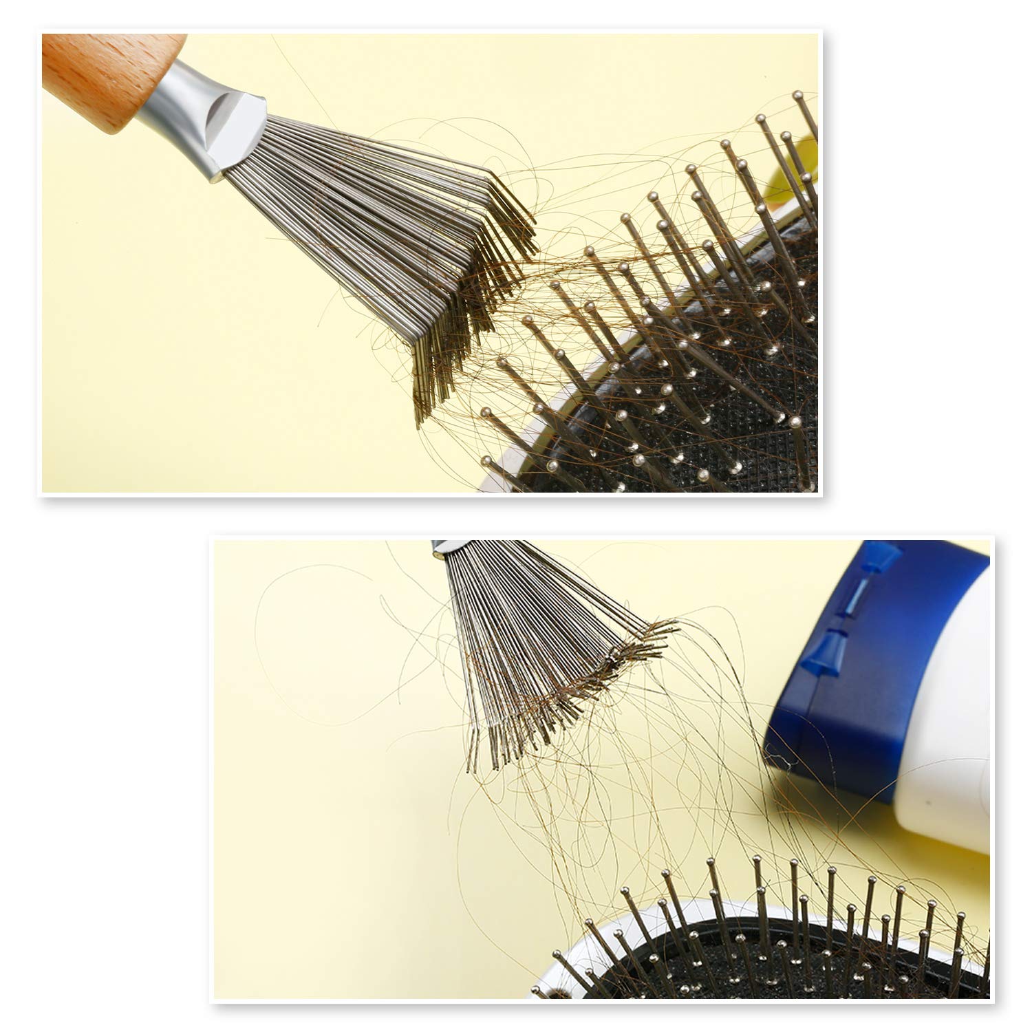 2 Pieces Hair Brush Cleaner Tool Cleaning Tool Comb Cleaner Hair Brush Cleaner Comb Brushes Mini Hair Dirt Remover Brush with Metal Wire Rake Wooden Handle for Home and Salon Use(Handle with Groove)