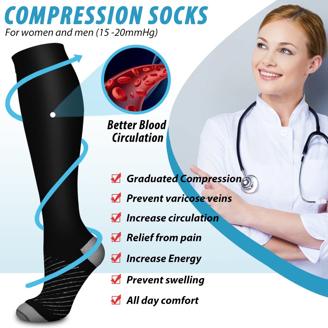 BLUEENJOY Copper Compression Socks for Women & Men (6 pairs) - Best Support for Nurses, Running, Hiking, Recovery