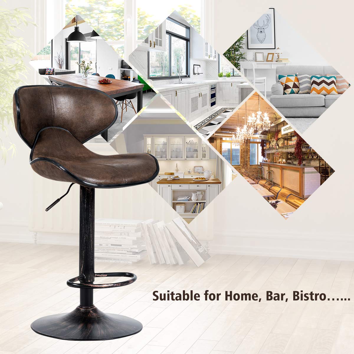 COSTWAY Vintage Barstools, Set of 2 Swivel Bar Stool with Backrest, Footrest and Height Adjustable, Counter Barstool for Bar, Kitchen, Dining Room, Living Room and Bistro Pub, Retro Brown