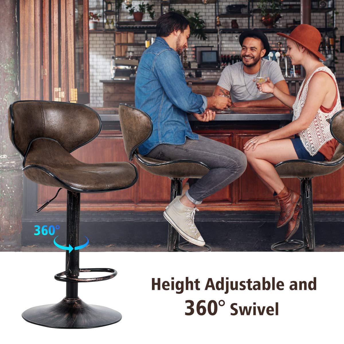 COSTWAY Vintage Barstools, Set of 2 Swivel Bar Stool with Backrest, Footrest and Height Adjustable, Counter Barstool for Bar, Kitchen, Dining Room, Living Room and Bistro Pub, Retro Brown