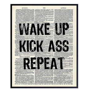 motivational wake up dictionary art, wall decor picture - 8x10 upcycled home decoration poster print for office, apartment, living room, gym, studio - inspirational gift for entrepreneur, athlete