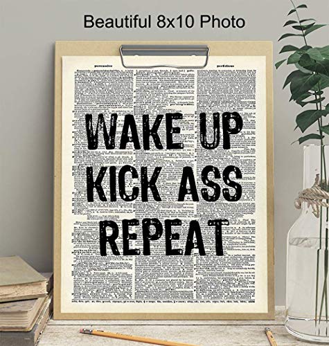 Motivational Wake Up Dictionary Art, Wall Decor Picture - 8x10 Upcycled Home Decoration Poster Print for Office, Apartment, Living Room, Gym, Studio - Inspirational Gift for Entrepreneur, Athlete