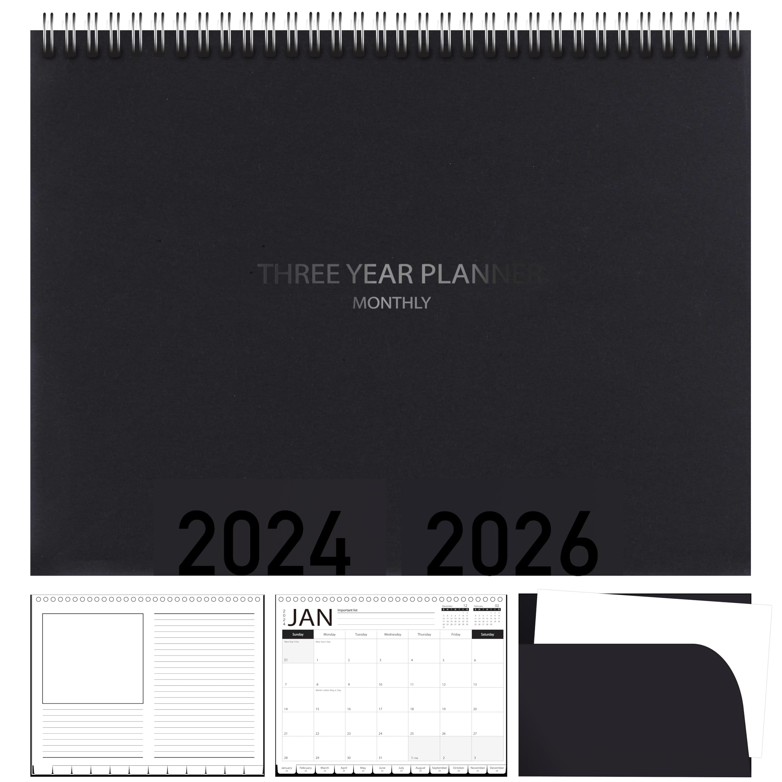 3-Year Calendar Planner, 2024-2026 Monthly Schedule Organizer Flip Calendar Diary with Tabs, Spiral Bound Top, Black, 8.5 x 11 Inches