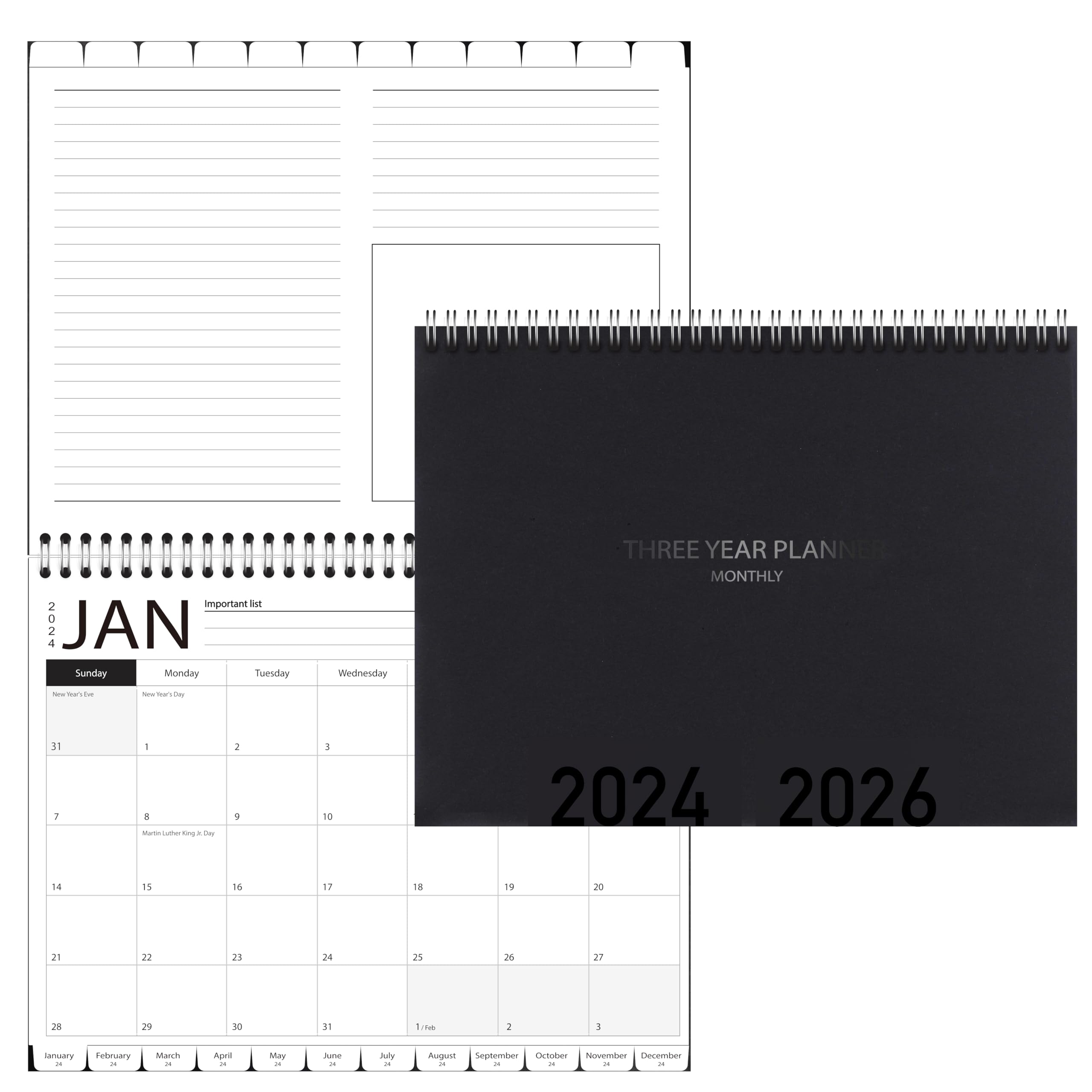 3-Year Calendar Planner, 2024-2026 Monthly Schedule Organizer Flip Calendar Diary with Tabs, Spiral Bound Top, Black, 8.5 x 11 Inches