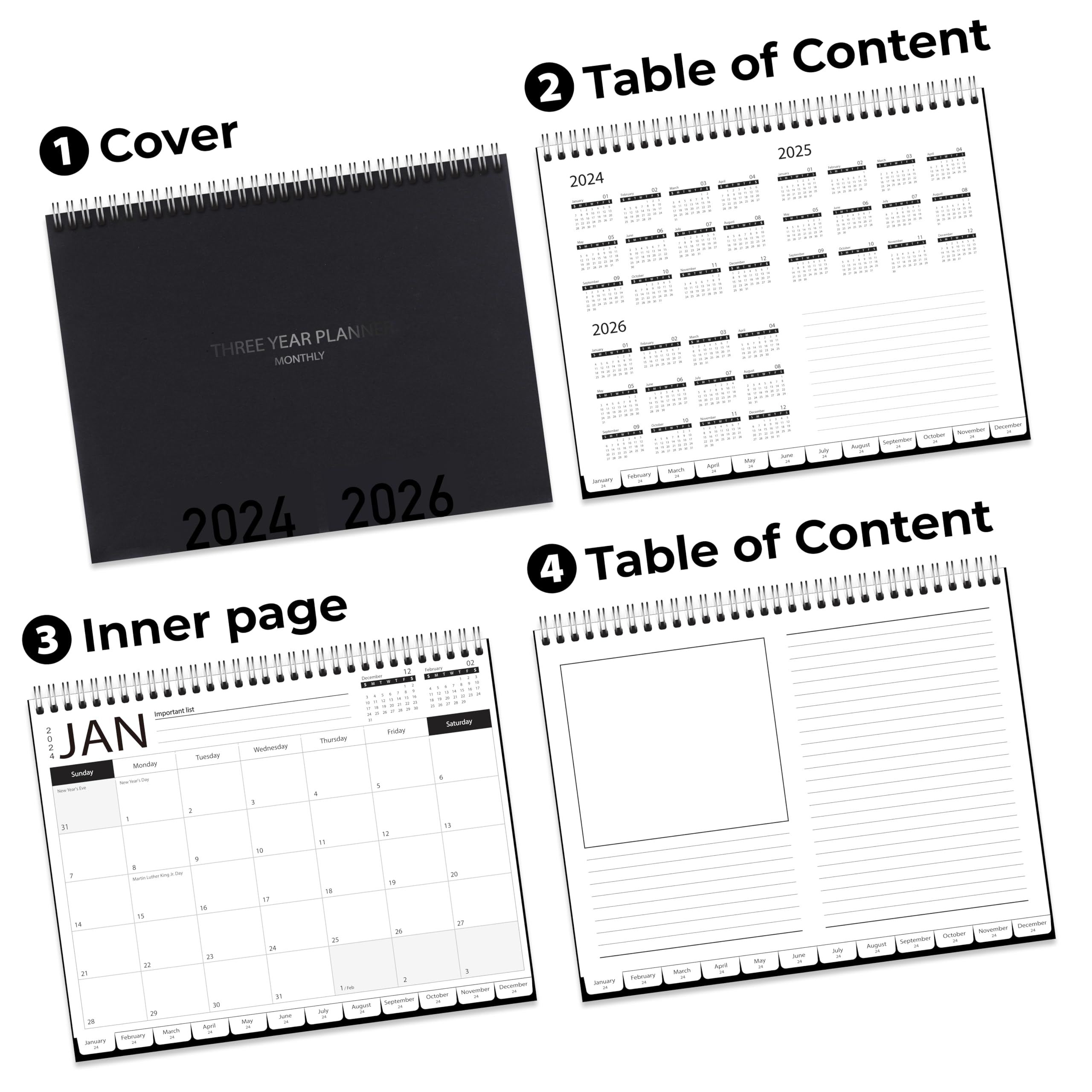 3-Year Calendar Planner, 2024-2026 Monthly Schedule Organizer Flip Calendar Diary with Tabs, Spiral Bound Top, Black, 8.5 x 11 Inches