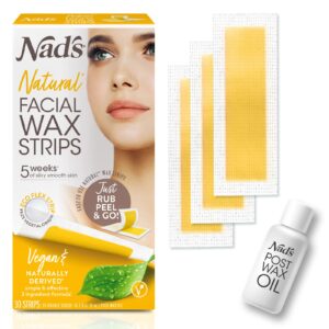 nad's facial wax strips - natural all skin types - waxing kit with 30 face wax strips & post wax oil, 1 count