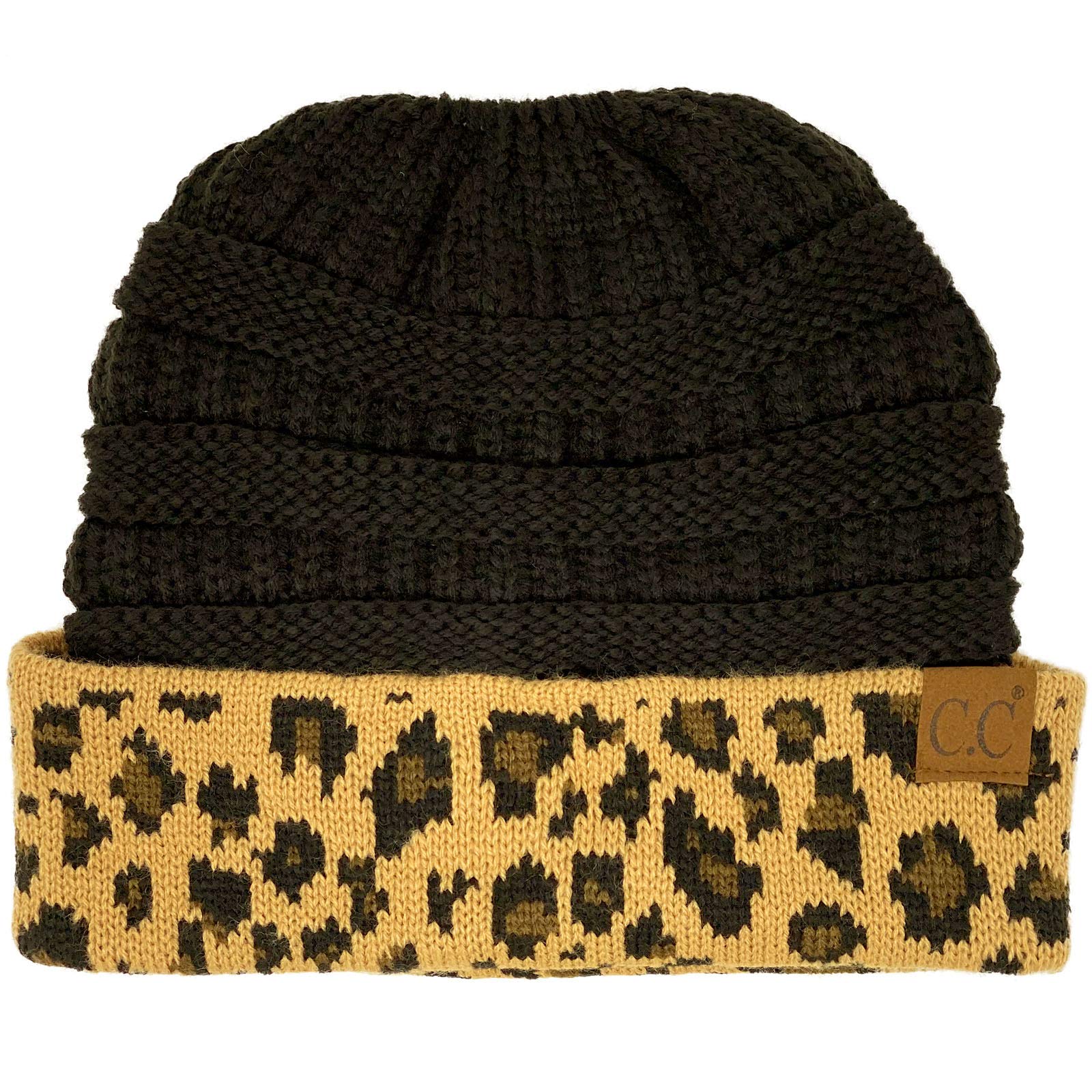 CC Ponytail Messy Bun BeanieTail Soft Winter Knit Stretch Beanie Hat (Leopard Black)