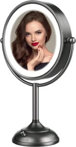 vesaur professional 8.5" lighted makeup mirror, 1x/10x double sided hd undistorted magnifying mirror with 3 color 60 led lights, adjustable brightness, 360° rotation vanity mirror, unique black nickel