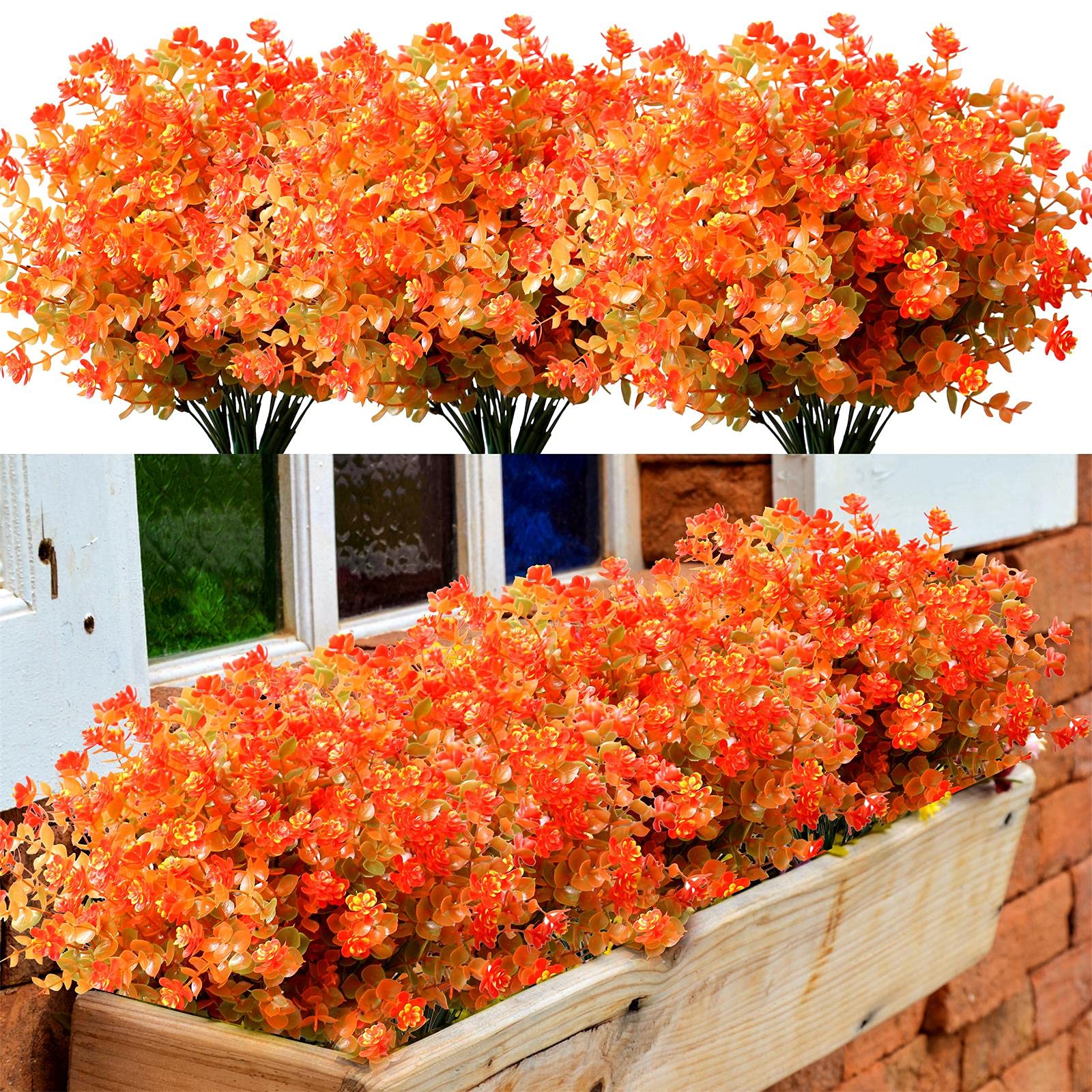 8 Pack Fall Artificial Flowers Outdoors No Fade Autumn Faux Plants Outside, UV Resistant Indoor Fake Hanging Greenery Shrubs for Wedding Window Box Thanksgiving Christmas Home Decoration (Fall Orange)