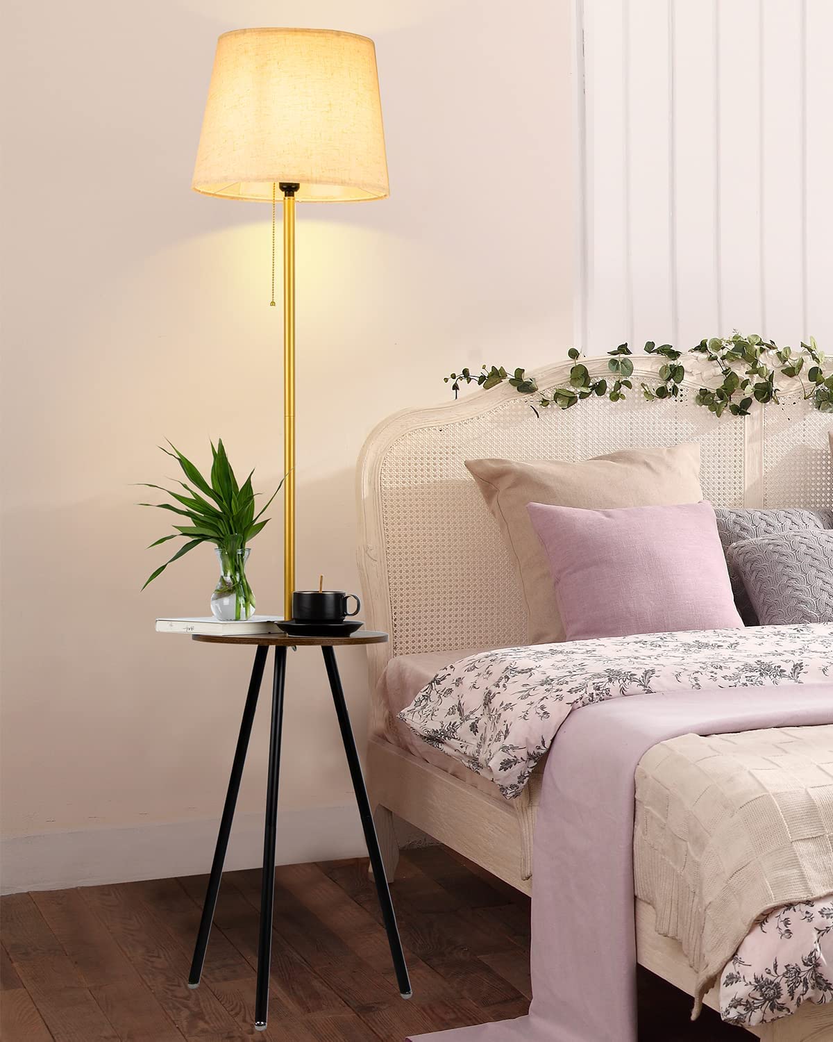 bulbeats Tripod Floor Lamp with Shelf, Side End Table with Lamp, 3000K E26 LED Bulb Included, Modern Standing Lamp with Pull Chain Switch for Living Room Bedroom