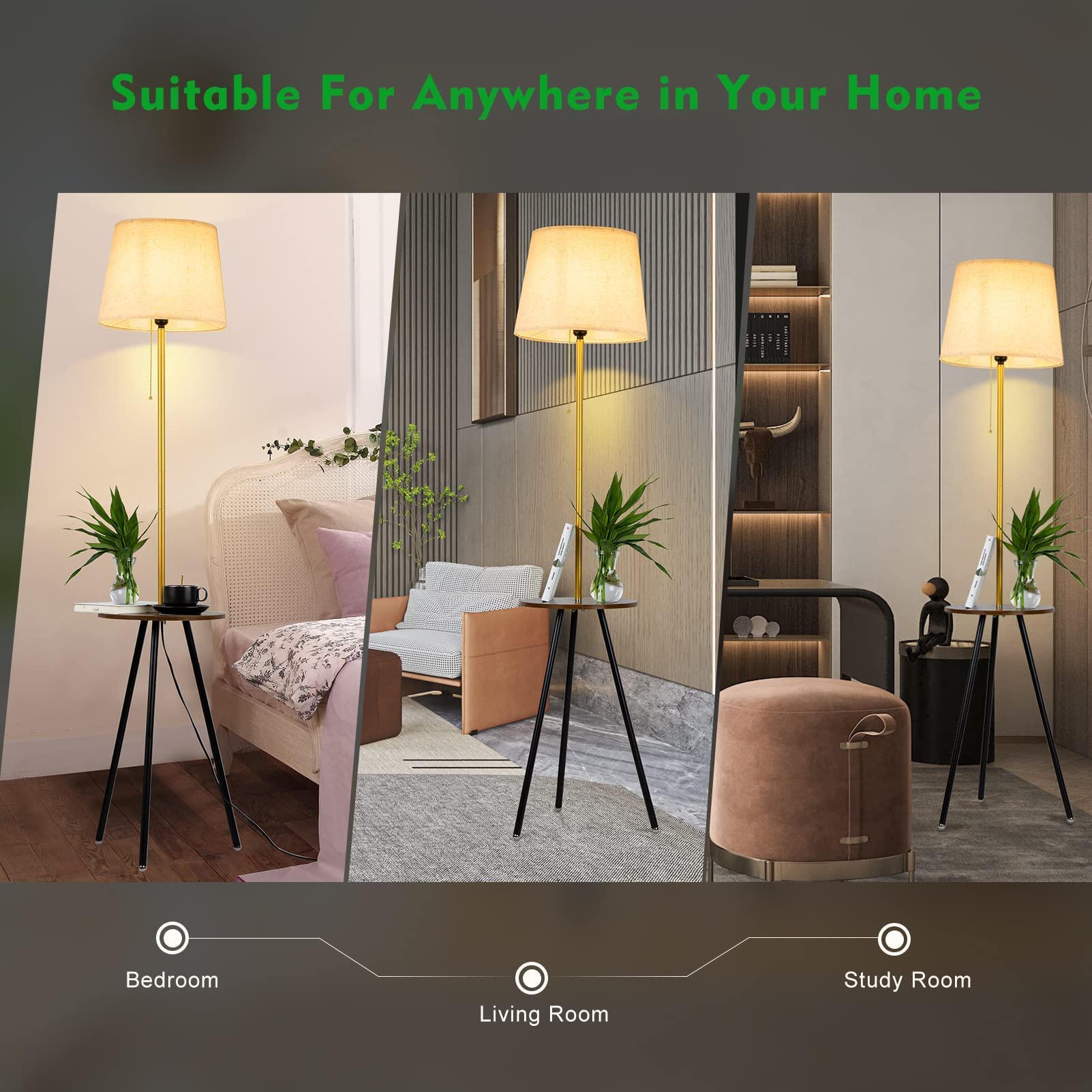 bulbeats Tripod Floor Lamp with Shelf, Side End Table with Lamp, 3000K E26 LED Bulb Included, Modern Standing Lamp with Pull Chain Switch for Living Room Bedroom