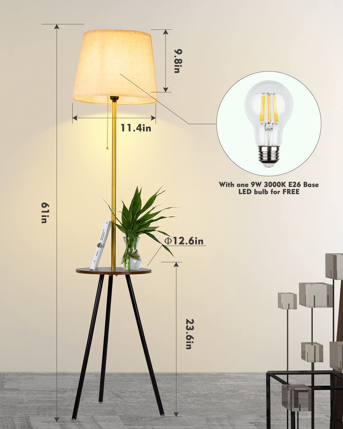 bulbeats Tripod Floor Lamp with Shelf, Side End Table with Lamp, 3000K E26 LED Bulb Included, Modern Standing Lamp with Pull Chain Switch for Living Room Bedroom