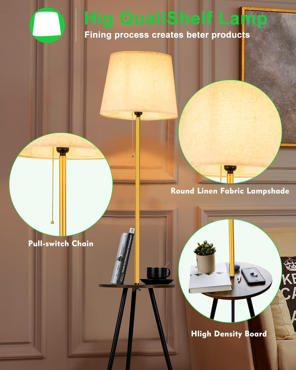 bulbeats Tripod Floor Lamp with Shelf, Side End Table with Lamp, 3000K E26 LED Bulb Included, Modern Standing Lamp with Pull Chain Switch for Living Room Bedroom