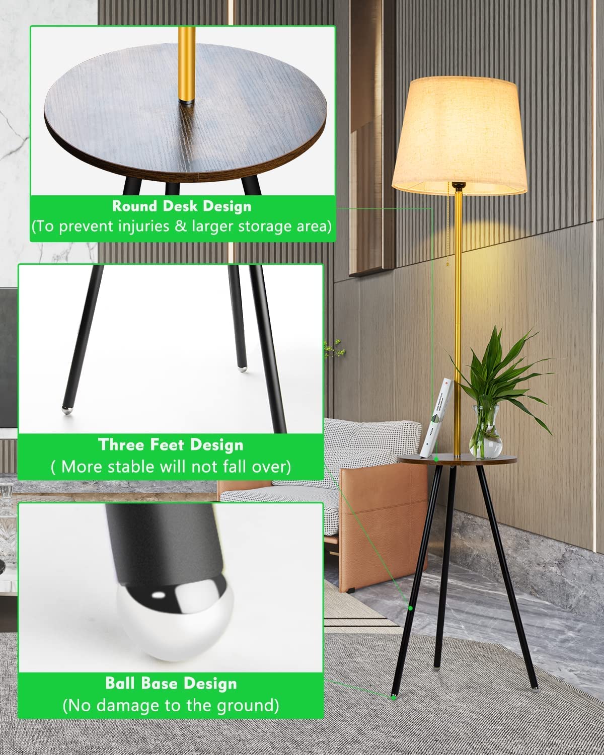 bulbeats Tripod Floor Lamp with Shelf, Side End Table with Lamp, 3000K E26 LED Bulb Included, Modern Standing Lamp with Pull Chain Switch for Living Room Bedroom