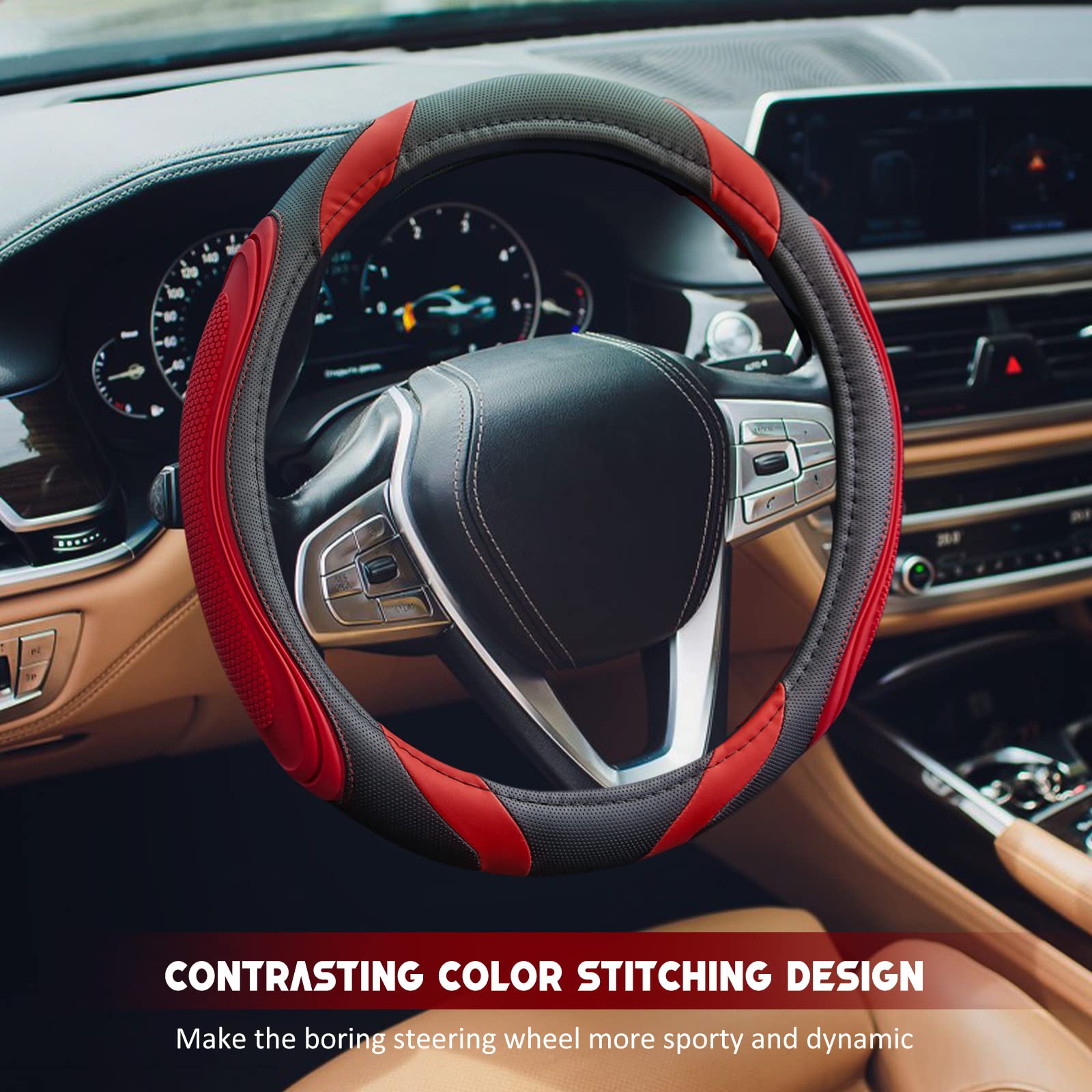 XCBYT Steering Wheel Cover - 14.5-15 Inch Car Microfiber Leather Steering Wheel Wrap Black Red Sports Fan Design Non-Slip for Man Women