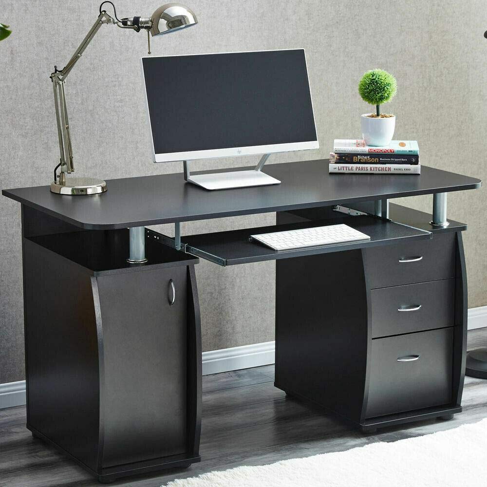 MamiTeam Desk Computer Table Home Office Workstation Laptop Pc Study Furniture Wood Corner Gaming Student Writing Glass New w/Drawer Home Office (Black)