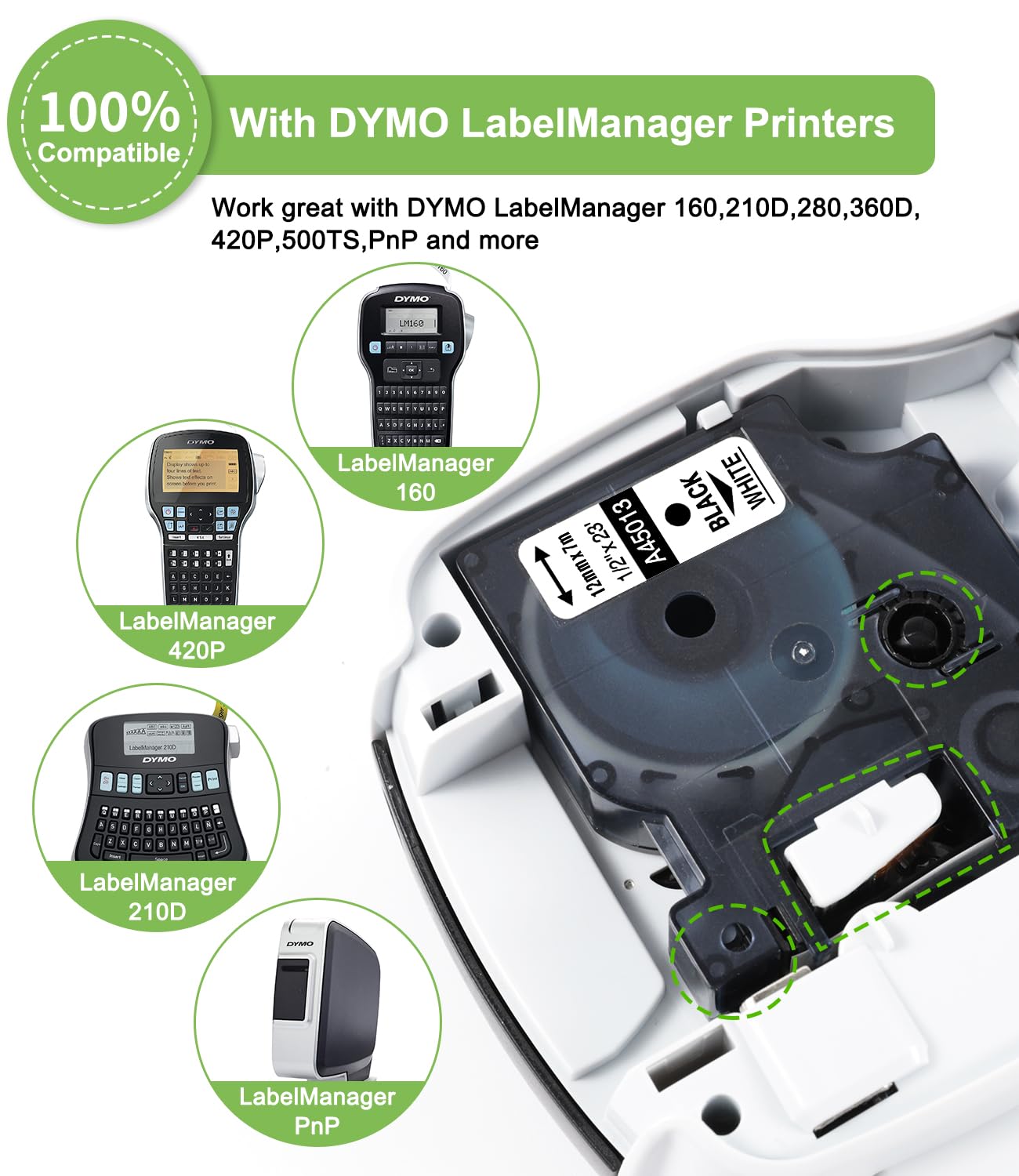 5-Pack a45013 Compatible Dymo Label Maker Refills Dymo D1 Label Tape 45013 S0720530 Dymo d1 Labels, Black on White,1/2 Inch x 23Feet, for DYMO LabelManager 160 210D 260P 280 360D 420P 450D COLORPOP