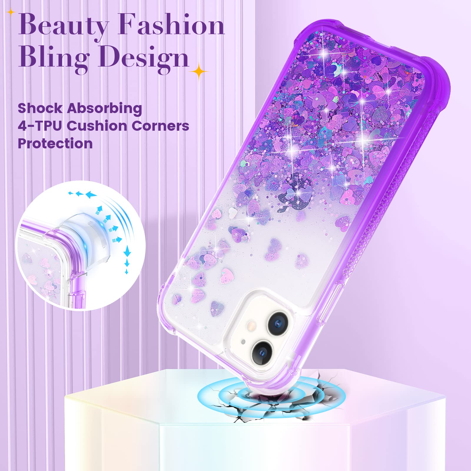 Ruky for iPhone 11 Full Body Case with Built-in Screen Protector Glitter Liquid Floating Shockproof Protective Girls Women Heavy Duty Phone Case for iPhone 11 6.1 inches 2019 (Gradient Purple)