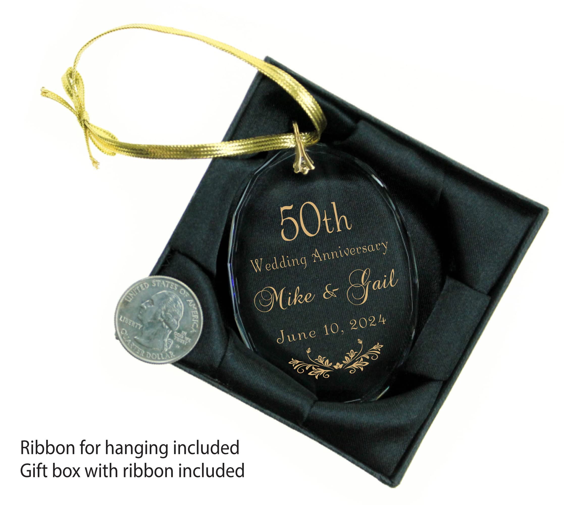 Gold 50th Golden Wedding Anniversary Personalized Keepsake Glass Oval Christmas Ornament ANY Anniversary Year Available