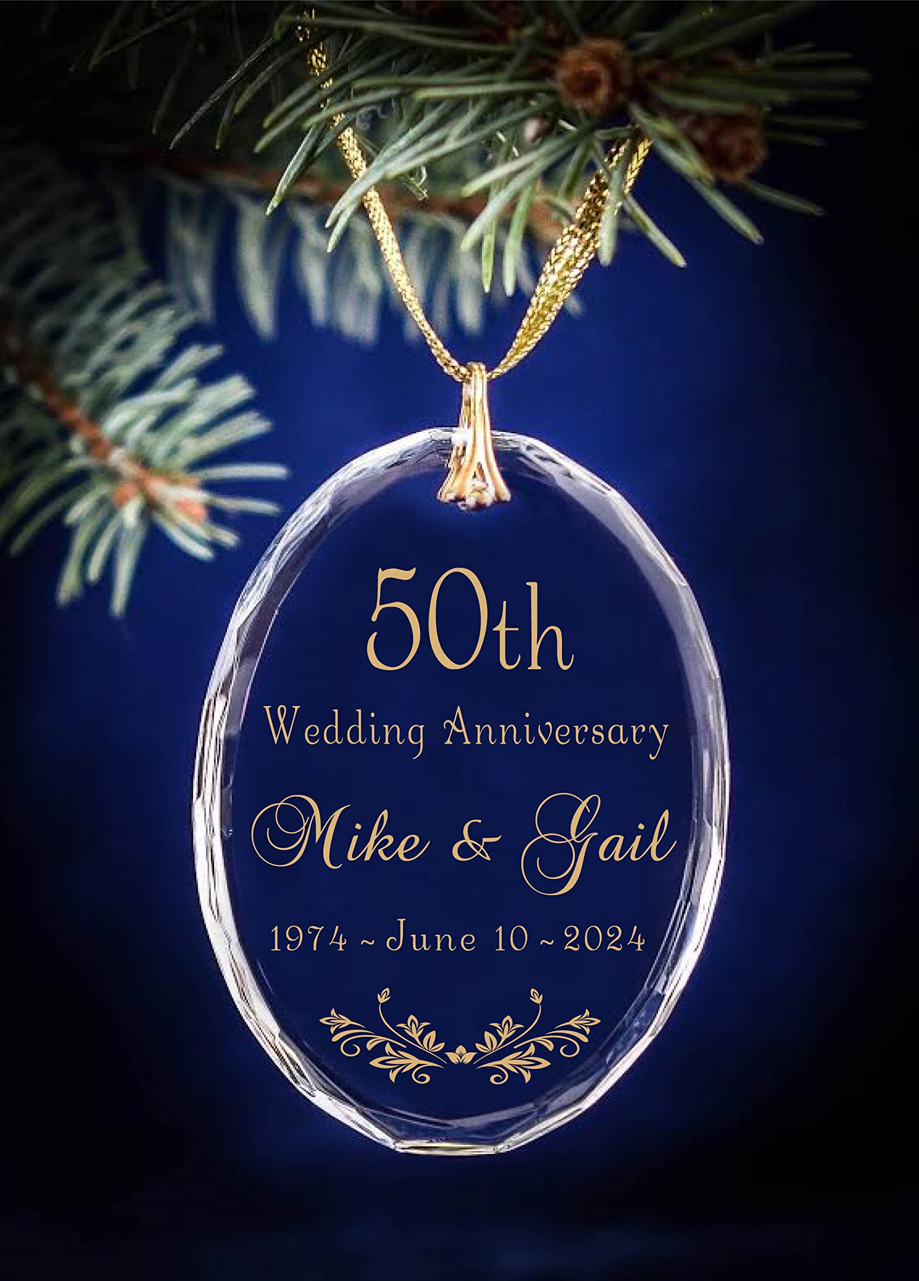 Gold 50th Golden Wedding Anniversary Personalized Keepsake Glass Oval Christmas Ornament ANY Anniversary Year Available