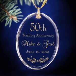 Gold 50th Golden Wedding Anniversary Personalized Keepsake Glass Oval Christmas Ornament ANY Anniversary Year Available