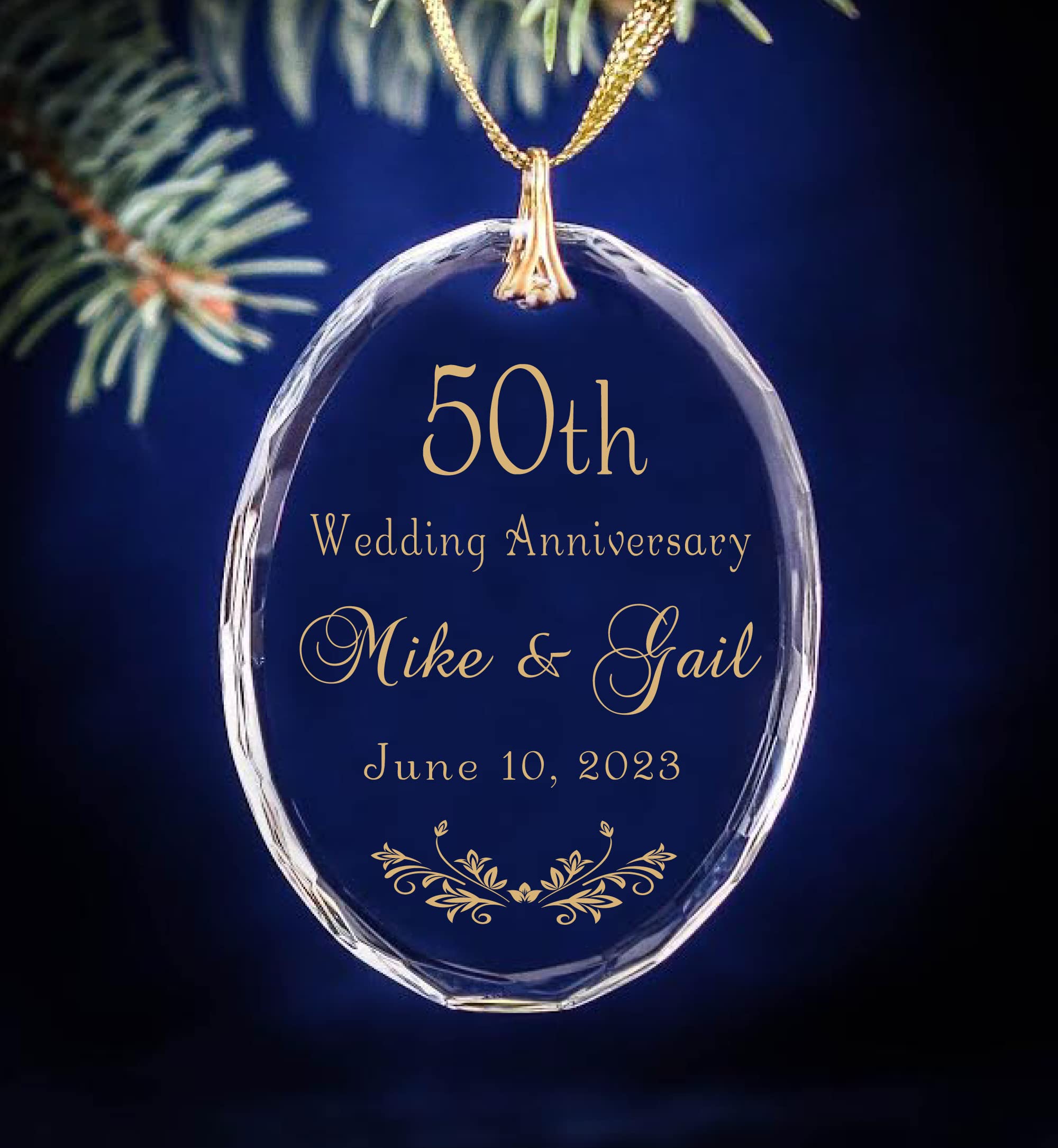 Gold 50th Golden Wedding Anniversary Personalized Keepsake Glass Oval Christmas Ornament ANY Anniversary Year Available