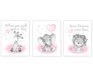 pink baby girl nursery art safari animals elephant affe lion wall decor 3 unframed prints