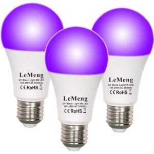 lemeng led black lights bulb 9w blacklight a19(75watt equivalent), e26 medium base 120v, uva level 395-400nm, glow in the dark for blacklights party, body paint, fluorescent poster- 3 pack