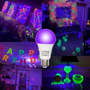 LEMENG LED Black Lights Bulb 9W Blacklight A19(75Watt Equivalent), E26 Medium Base 120V, UVA Level 395-400nm, Glow in The Dark for Blacklights Party, Body Paint, Fluorescent Poster- 3 Pack